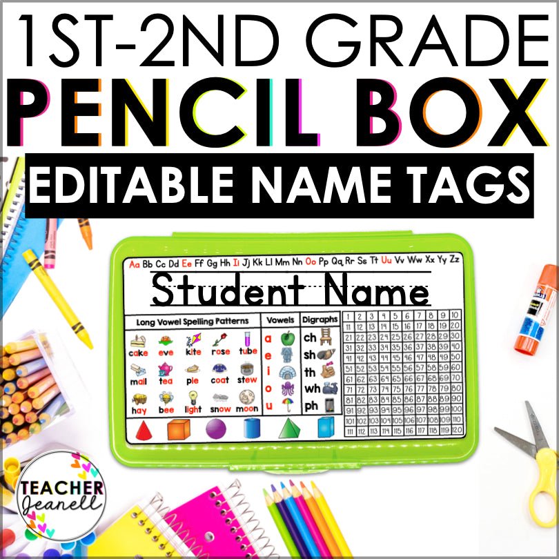 Editable Pencil Box Name Tags for 1st and 2nd Grade with Learning ...