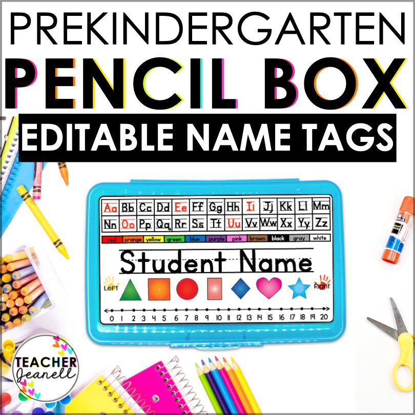 Editable Preschool Pencil Box Name Tags with Alphabet Numbers Shapes ...