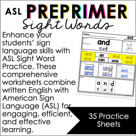 ASL Pre-Primer Sight Words Worksheets for Sign Language Learning and ...