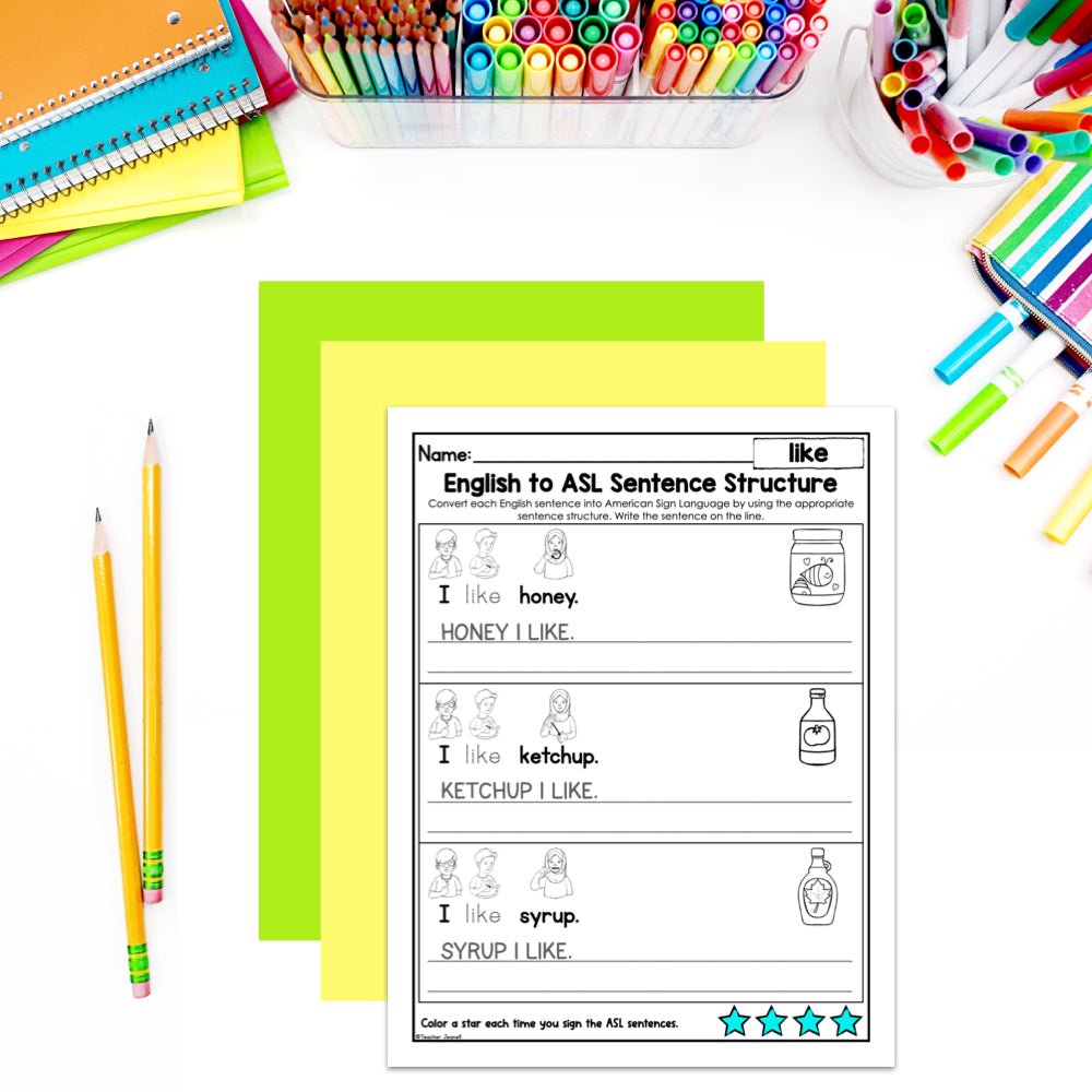 English to ASL Sentence Structure Worksheets Primer Sight Words for ...